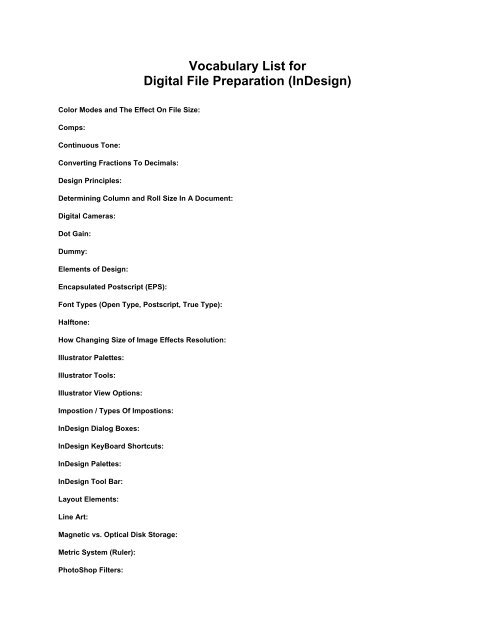 Vocabulary List for Digital File Preparation (InDesign)