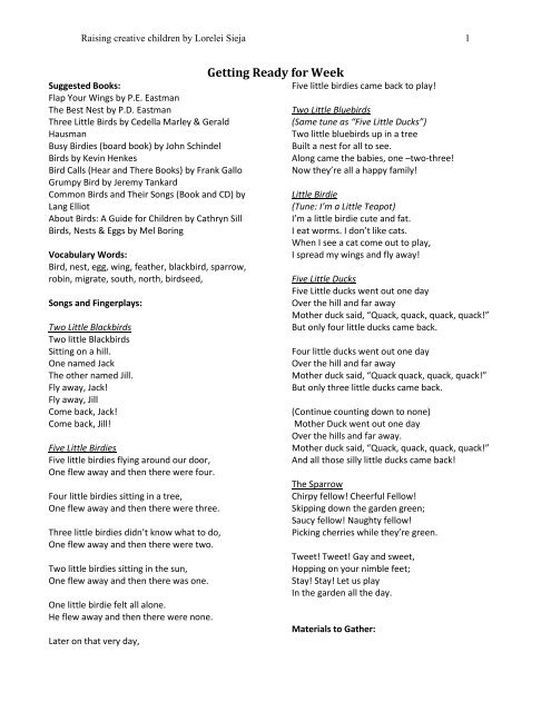 Feathered Friends Lesson Plans - Raising Creative Children