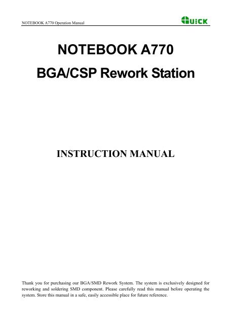 NOTEBOOK A770 BGA/CSP Rework Station INSTRUCTION MANUAL