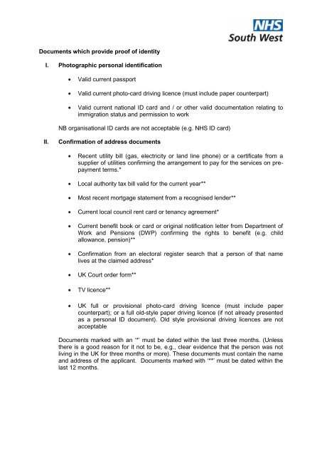 Documents which provide proof of identity I. Photographic personal ...