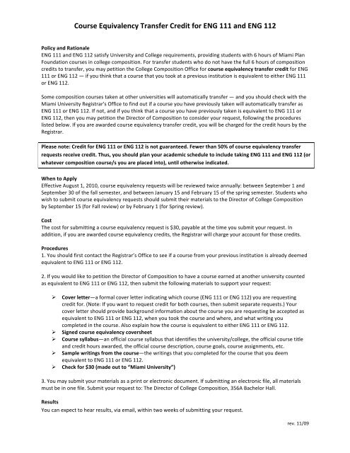 Course Equivalency Transfer Credit for ENG 111 ... - Units.muohio.edu