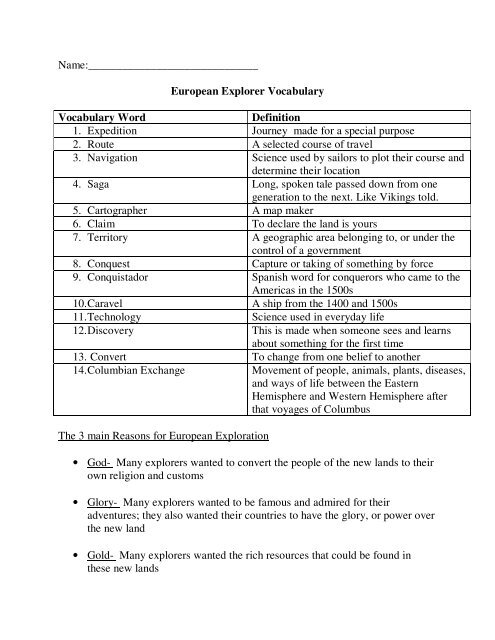 European Explorer Vocabulary Vocabulary Word Definition 1 ...