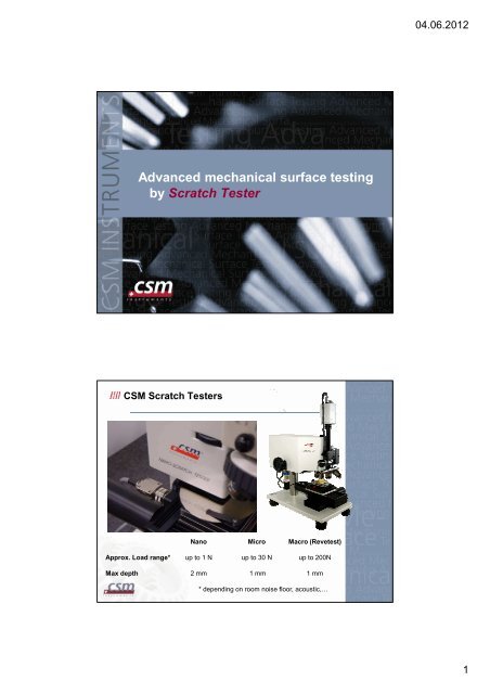 Advanced mechanical surface testing by Scratch ... - CSM Instruments