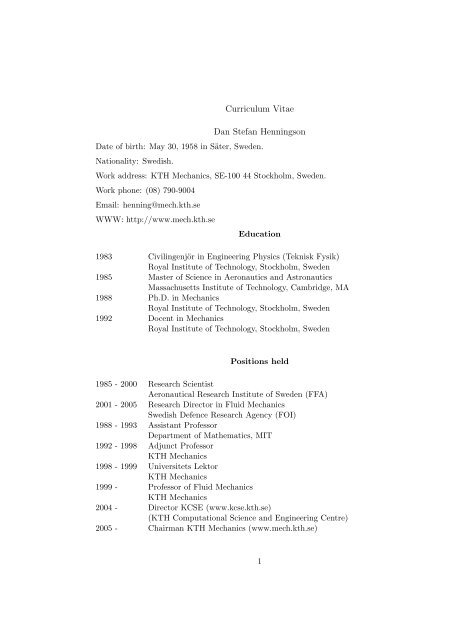 Curriculum Vitae Dan Stefan Henningson - KTH Mechanics