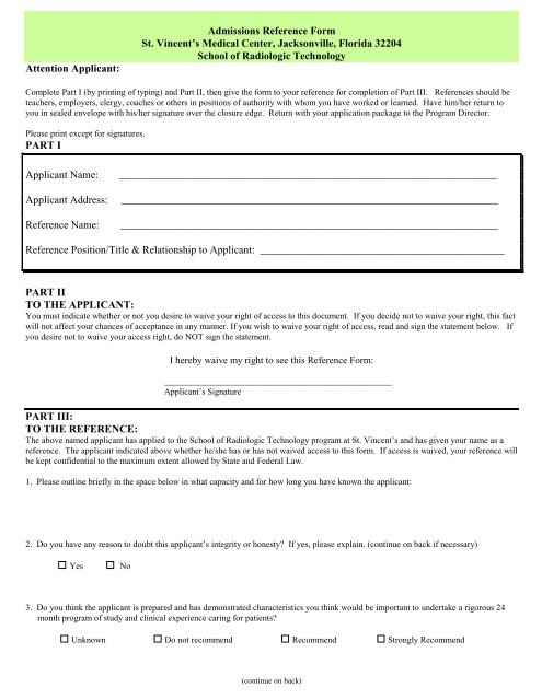 Admissions Reference Form - St. Vincent's Health System