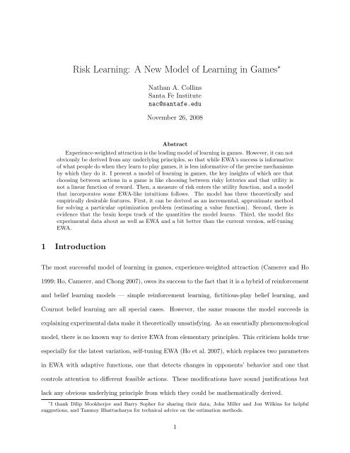 Risk Learning: A New Model of Learning in Games - Santa Fe Institute