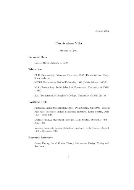 Curriculum Vita Arunava Sen - Indian Statistical Institute