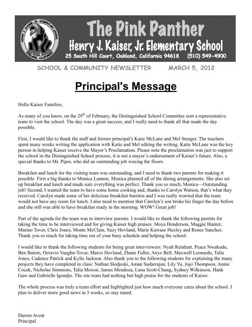 Principal's Message - Kaiser Elementary School