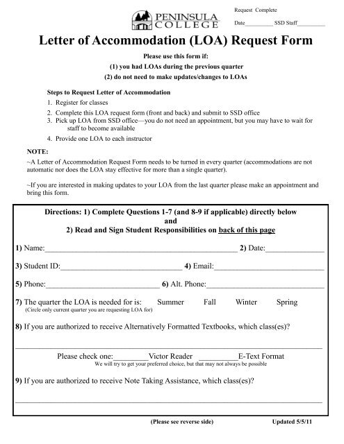 Letter of Accommodation (LOA) Request Form - Peninsula College