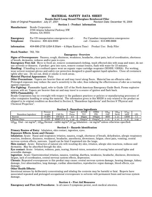 Bondo-Hair MSDS Sheet - Jamestown Distributors