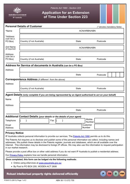 Application for an Extension of Time - IP Australia