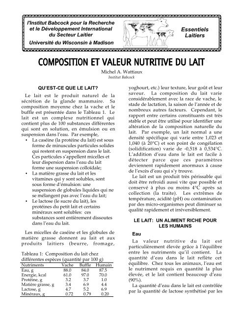COMPOSITION ET VALEUR NUTRITIVE DU LAIT - Babcock Institute
