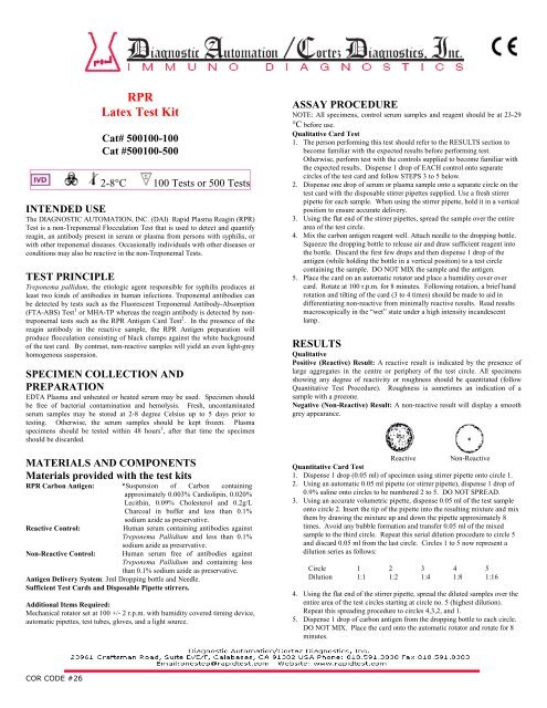 RPR Latex Test Kit - ELISA kits - Rapid tests