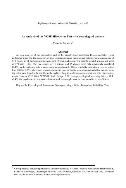 An analysis of the VOSP Silhouettes Test with neurological patients