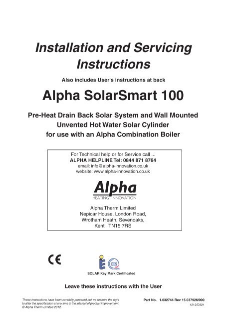 SolarSmart 100 Installation and Servicing Instructions - Alpha boilers