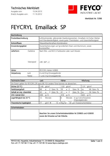 FEYCRYL EMAILLACK SP 5398 deutsch - bei FEYCO