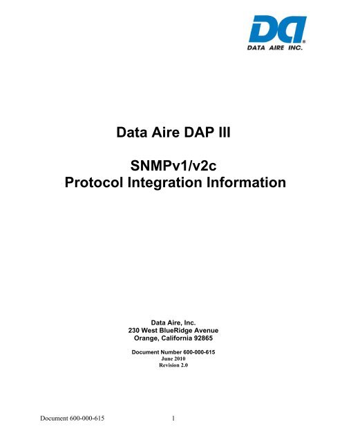 Data Aire DAP III SNMPv1/v2c Protocol Integration Information