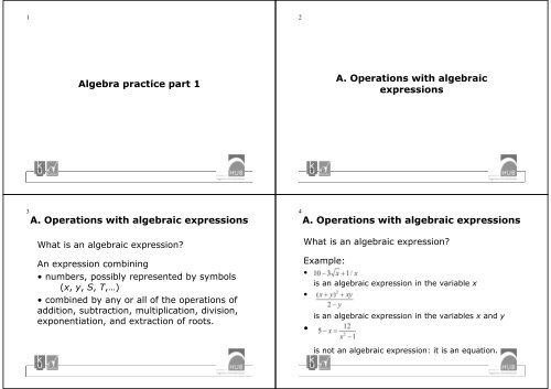 Algebra practice part 1 A. Operations with algebraic expressions A ...