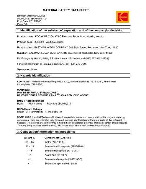 MSDS Kodak RP LO Fixer and Replenisher Working Solution