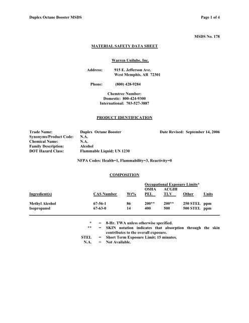 Duplex Octane Booster MSDS Page 1 of 4 MSDS No. 178 ...