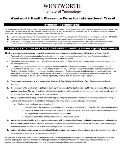 Wentworth Health Clearance Form for International Travel
