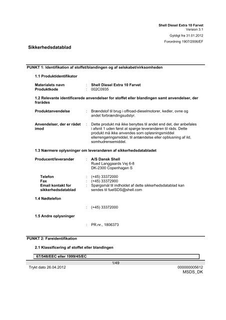 Shell Diesel Extra Farvet - Sikkerhedsdatablad - dlg