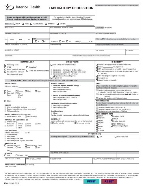 IH Laboratory Outpatient Requisition - Interior Health Authority