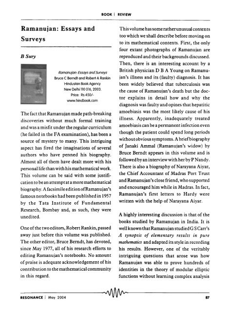 Ramanujan: Essays and surveys - Springer