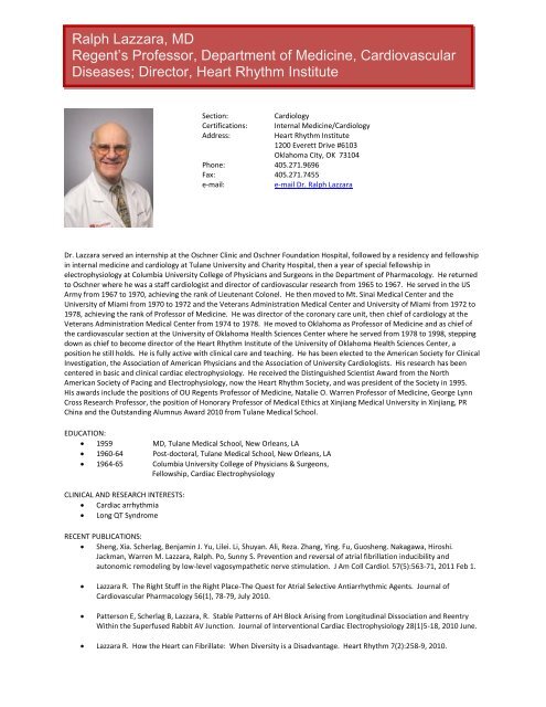 Ralph Lazzara, MD Regent's Professor, Department ... - OU Medicine