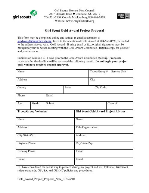 Gold Award Project Proposal Form - the Girl Scouts, Hornets' Nest ...