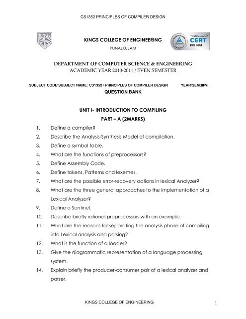 cs1352-principles of compiler design - Kings College of Engineering