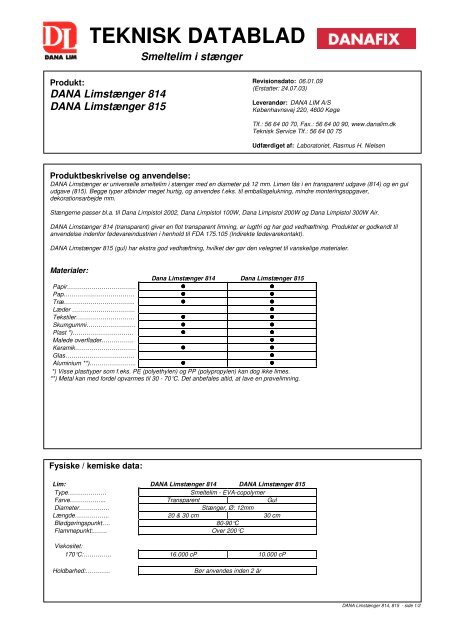 TEKNISK DATABLAD - Dana Lim A/S