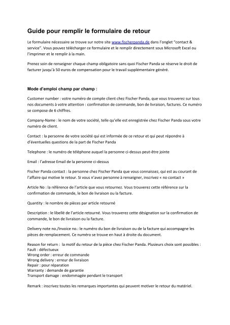 Guide pour remplir le formulaire de retour - Fischer Panda