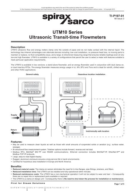UTM10 Series Ultrasonic Transit-time Flowmeters - Spirax Sarco