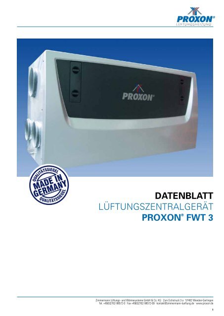 DATENBLATT LÜFTUNGSZENTRALGERÄT PROXON® FWT 3