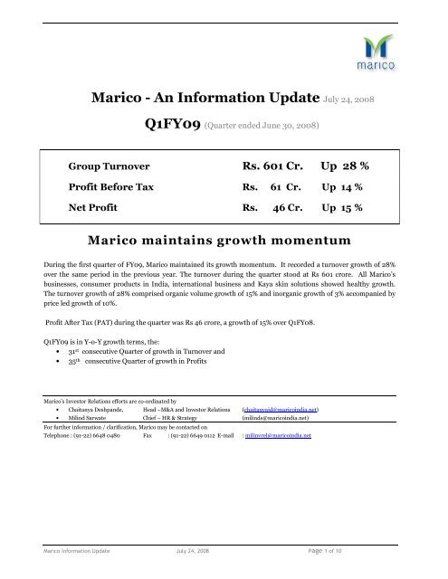 Q1 FY09 - Marico