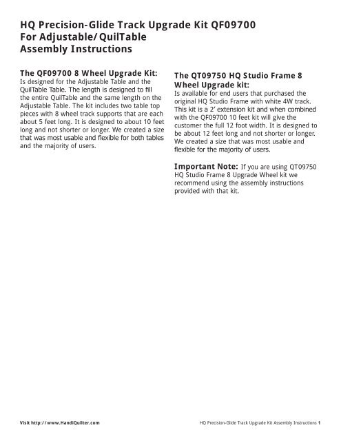 HQ Precision-Glide Upgrade Kits (8W) Instructions - Handi Quilter