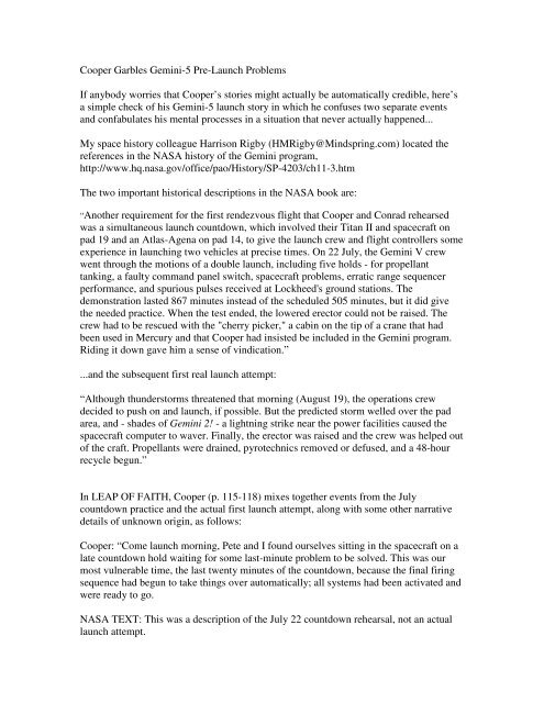 Cooper's Gemini Stories Versus NASA History Archives - James Oberg