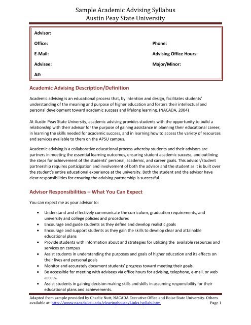 Sample Academic Advising Syllabus Austin Peay State University