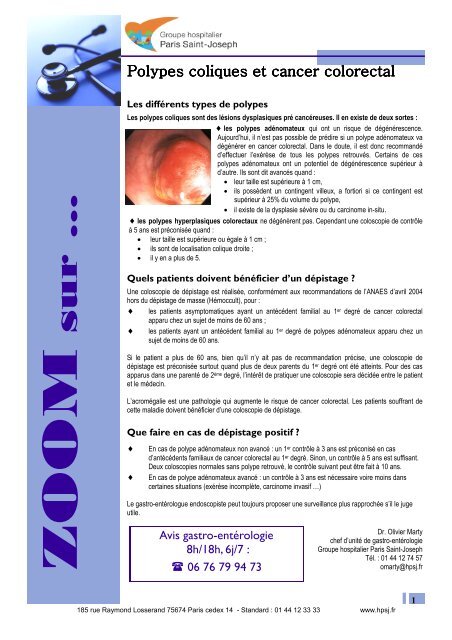 Polypes coliques et cancer colorectal - HÃ´pital Paris Saint Joseph