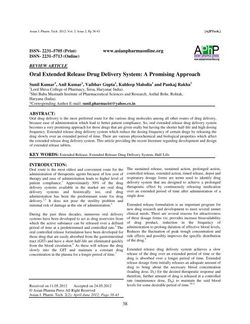 Oral Extended Release Drug Delivery System - asian pharma press