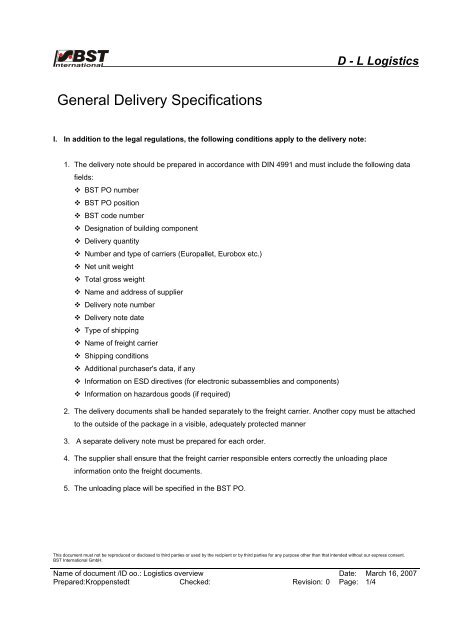 General Delivery Specifications - BST International GmbH