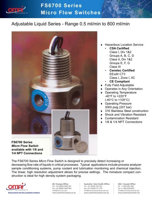 FS6700 Micro Flow Switch - Omni Instruments