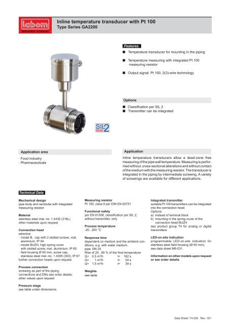Inline temperature transducer with Pt 100 - LABOM