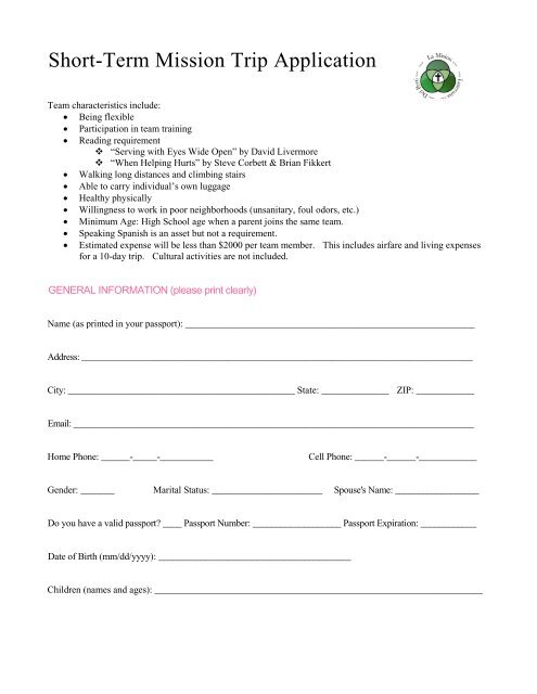 Short-Term Mission Trip Application