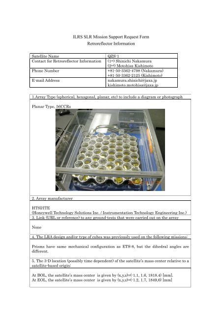 ILRS SLR Mission Support Request Form Retroreflector Information