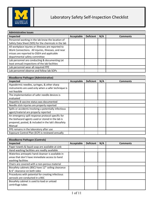 OSEH LABORATORY SAFETY CHECKLIST