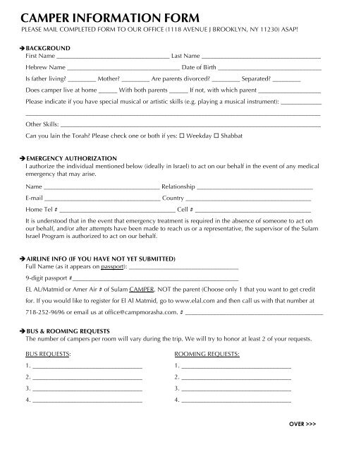 CAMPER INFORMATION FORM - Camp Morasha