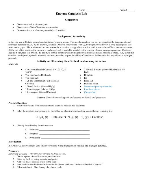 Enzyme Catalysis Lab Enzyme Catalysis Lab