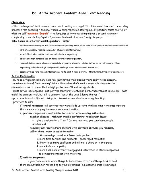 Dr. Anita Archer: Content Area Text Reading